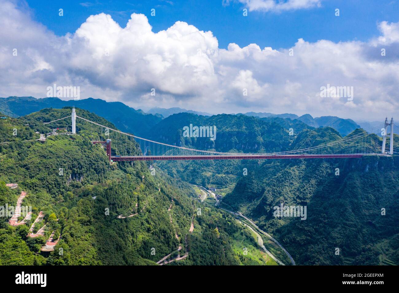 Aerial view of the Aizhai Bridge, a suspension bridge on the G65 Baotou ...