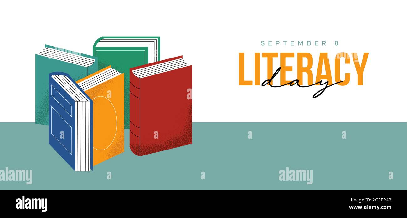 Happy literacy day web banner illustration of colorful book pile with ...