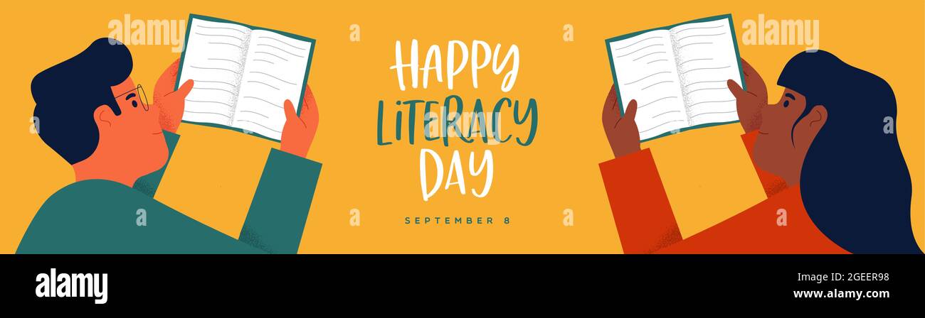 Happy Literacy Day greeting card illustration of man and afro woman ...