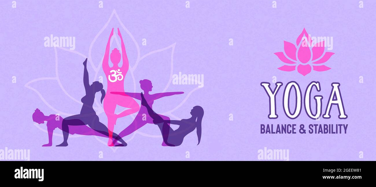 Yoga web banner illustration of woman exercise group doing meditation ...