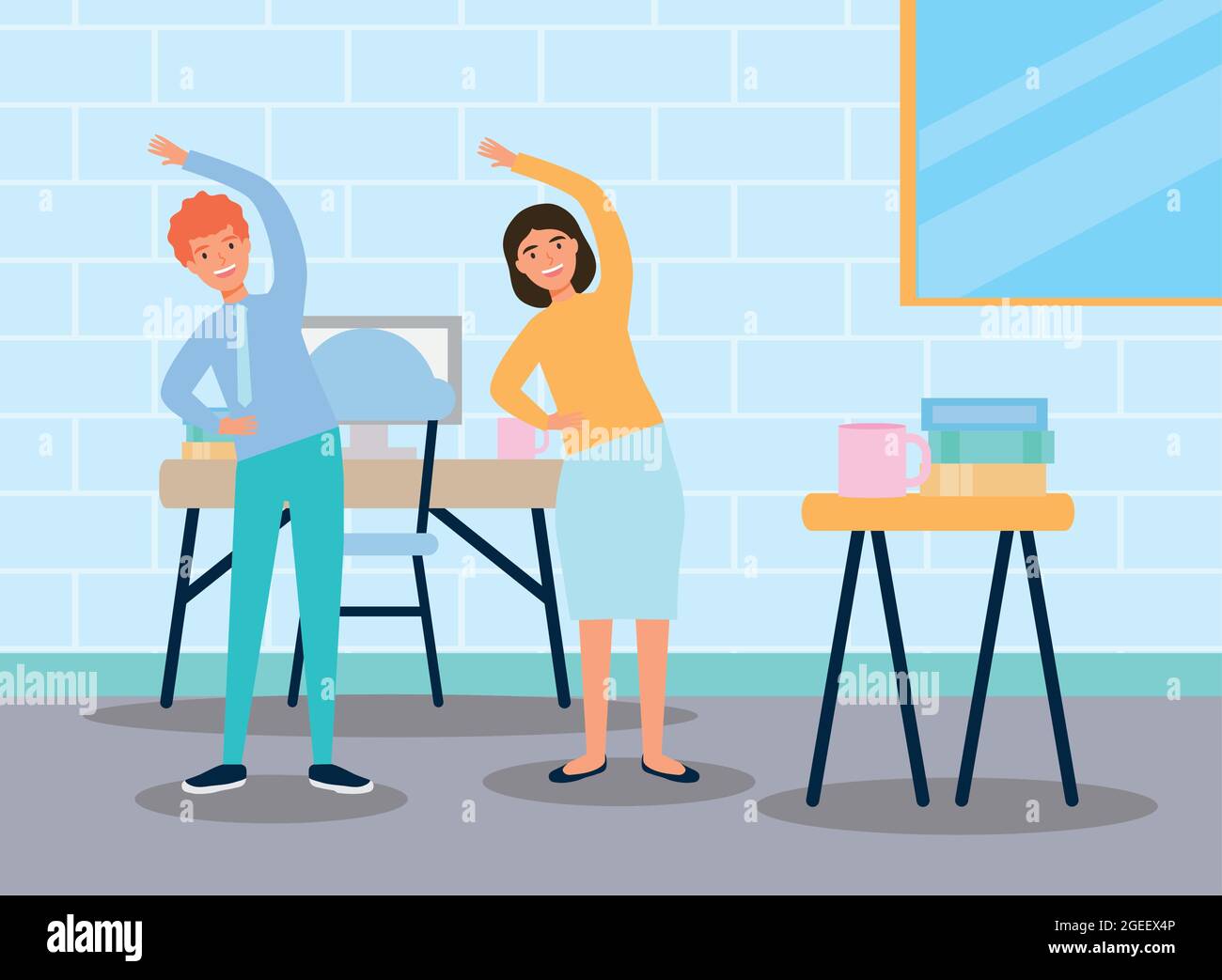 young couple practicing active break in workplace Stock Vector Image ...
