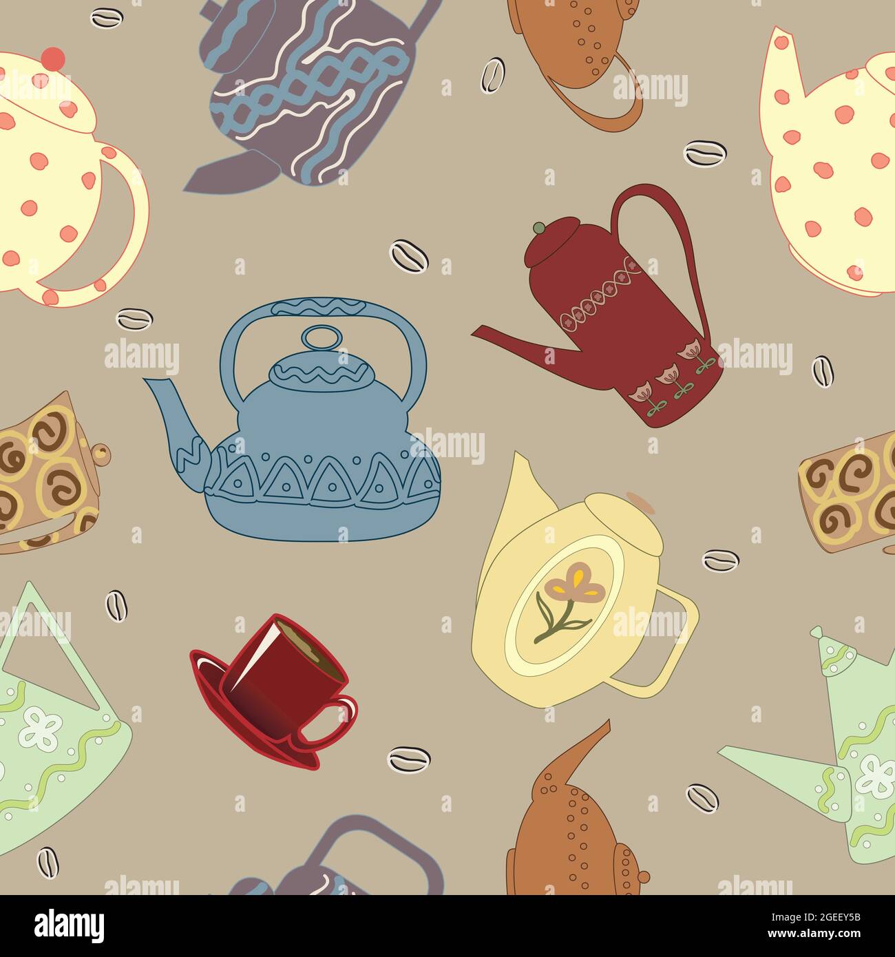 Vector seamless pattern with kettles, cups, saucers, coffee beans for ...