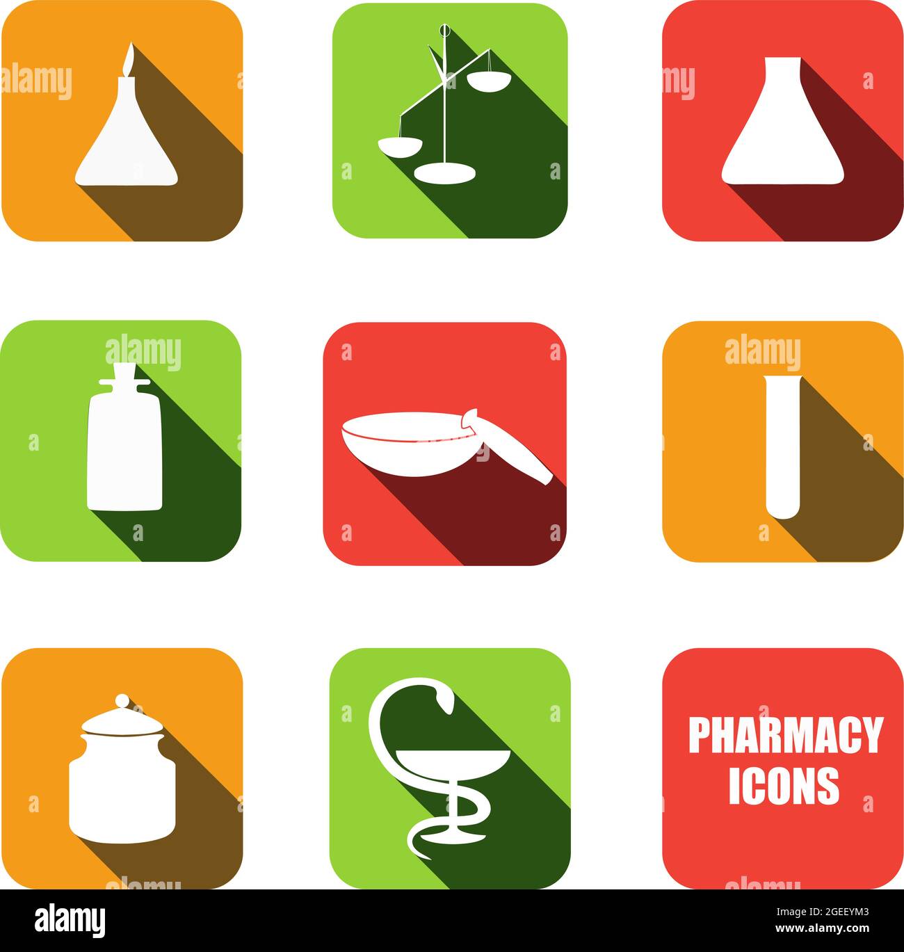 Pharmacy icons with tubes, burner, bottle, mortar, flask. Drugstore ...