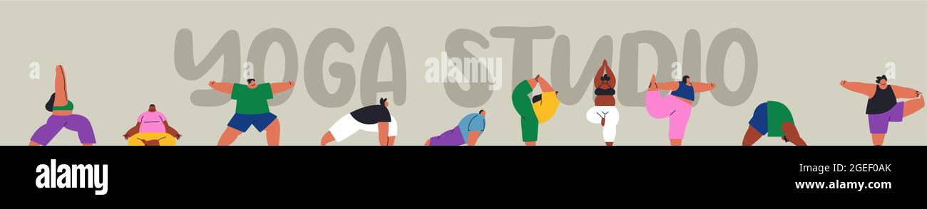 Yoga studio web banner illustration of diverse young people doing ...
