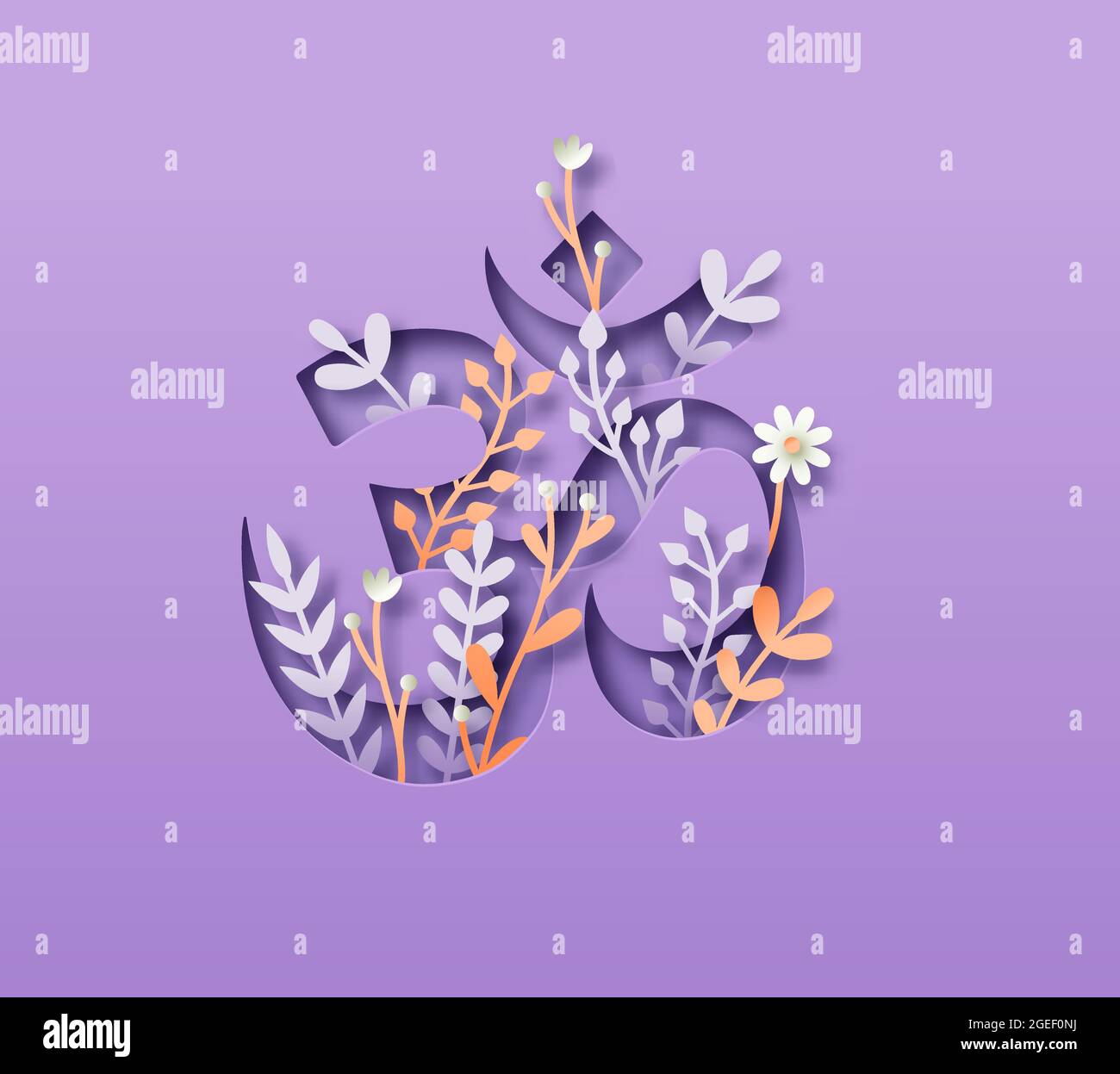 Papercut om sign shape with realistic 3d plants and paper craft nature ...