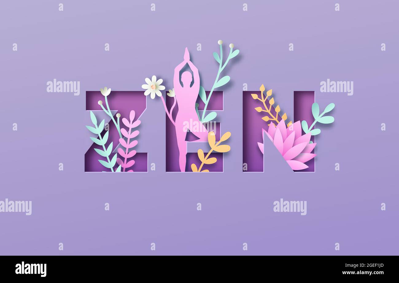 Papercut zen text quote sign with traditional 3d tree pose woman and ...