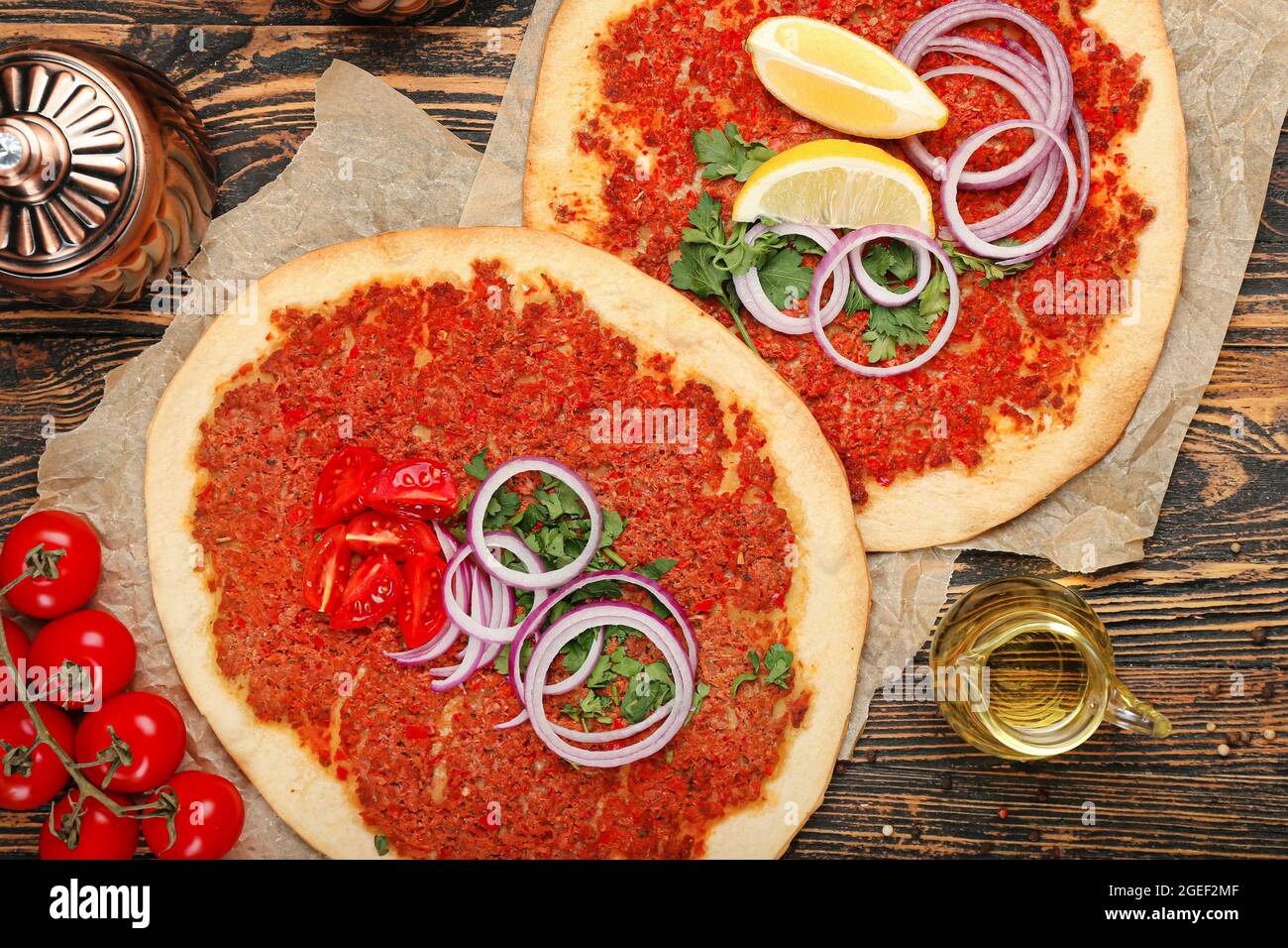 Delicious Turkish pizza on wooden background Stock Photo - Alamy