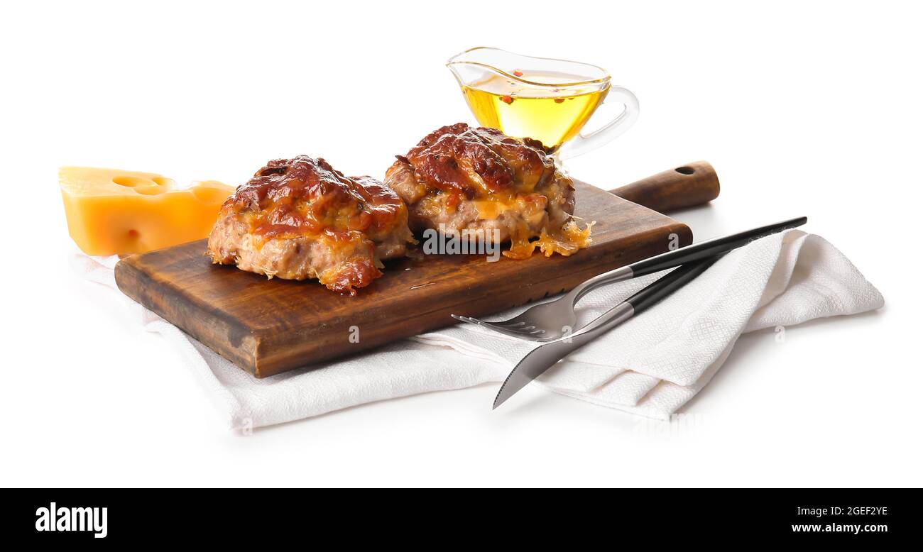 Composition with delicious minced meat boats, sauce bowl and cutlery on ...