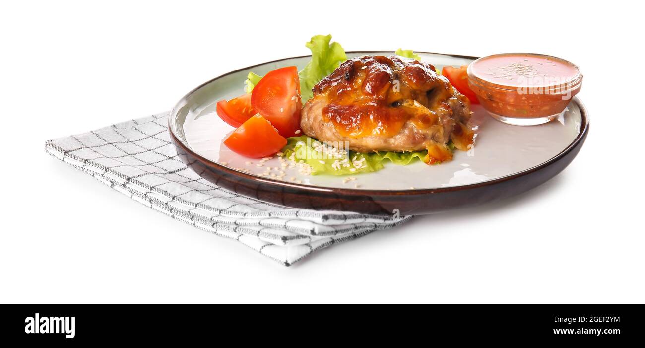 Plate with delicious minced meat boats, sauce bowl and napkin on white ...