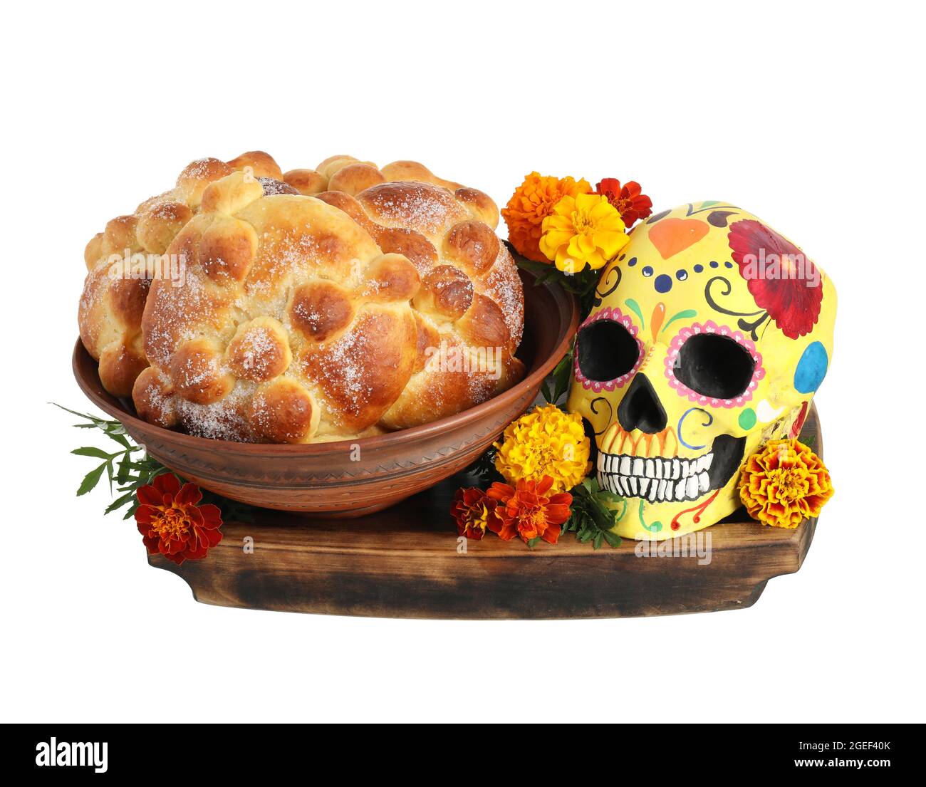 Bread of the dead and painted skull on white background. Celebration of ...