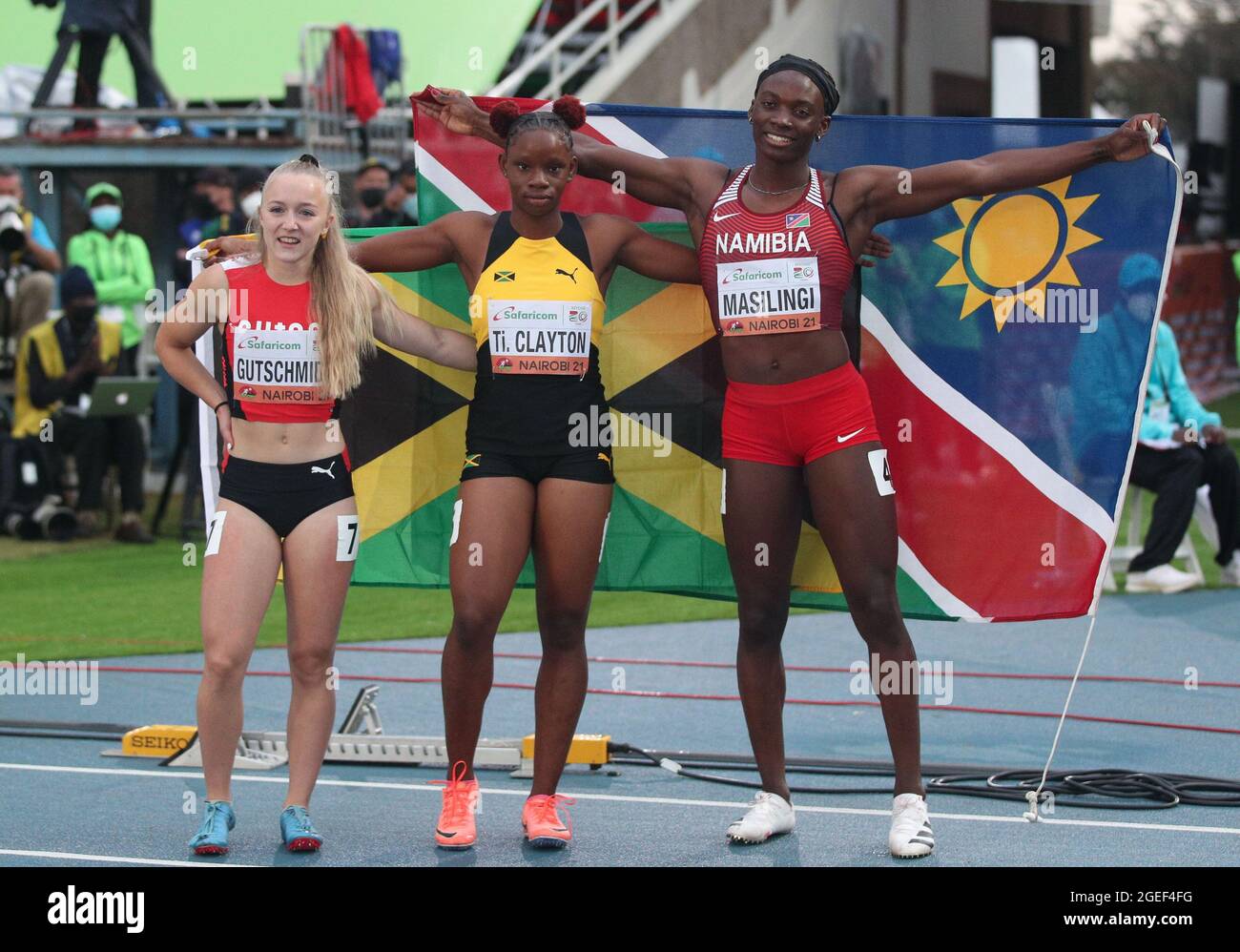Nairobi, Kenya. 19th Aug, 2021. Gold medalist Tina Clayton (C) of ...