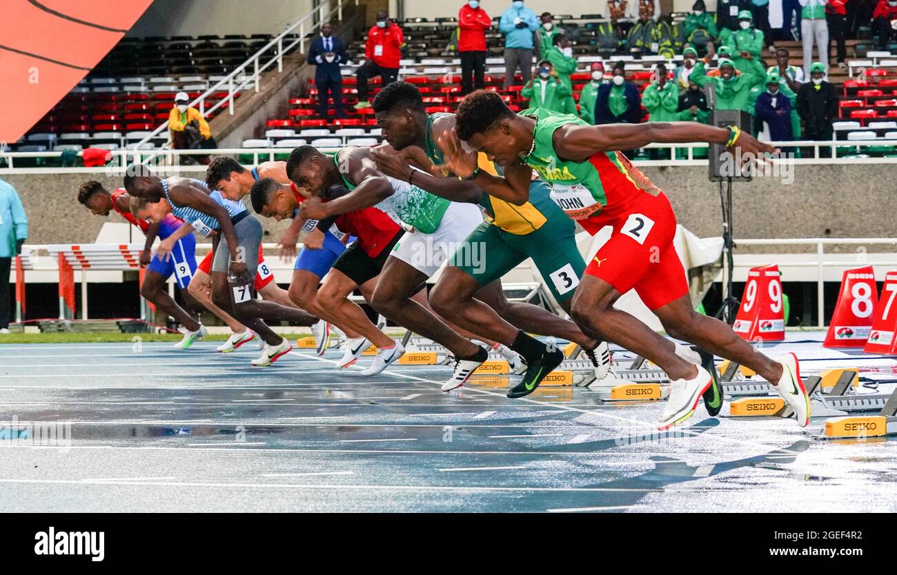 Nairobi, Kenya. 19th Aug, 2021. Athletes compete during the men's 100m ...
