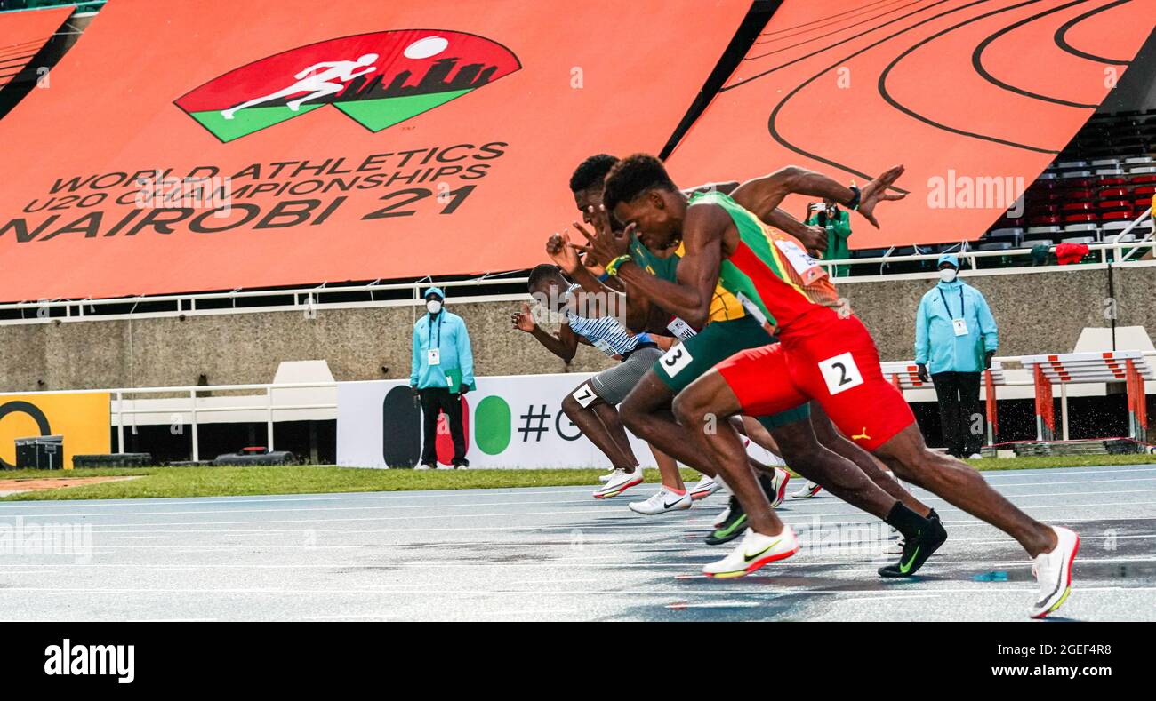 Nairobi, Kenya. 19th Aug, 2021. Athletes compete during the men's 100m ...