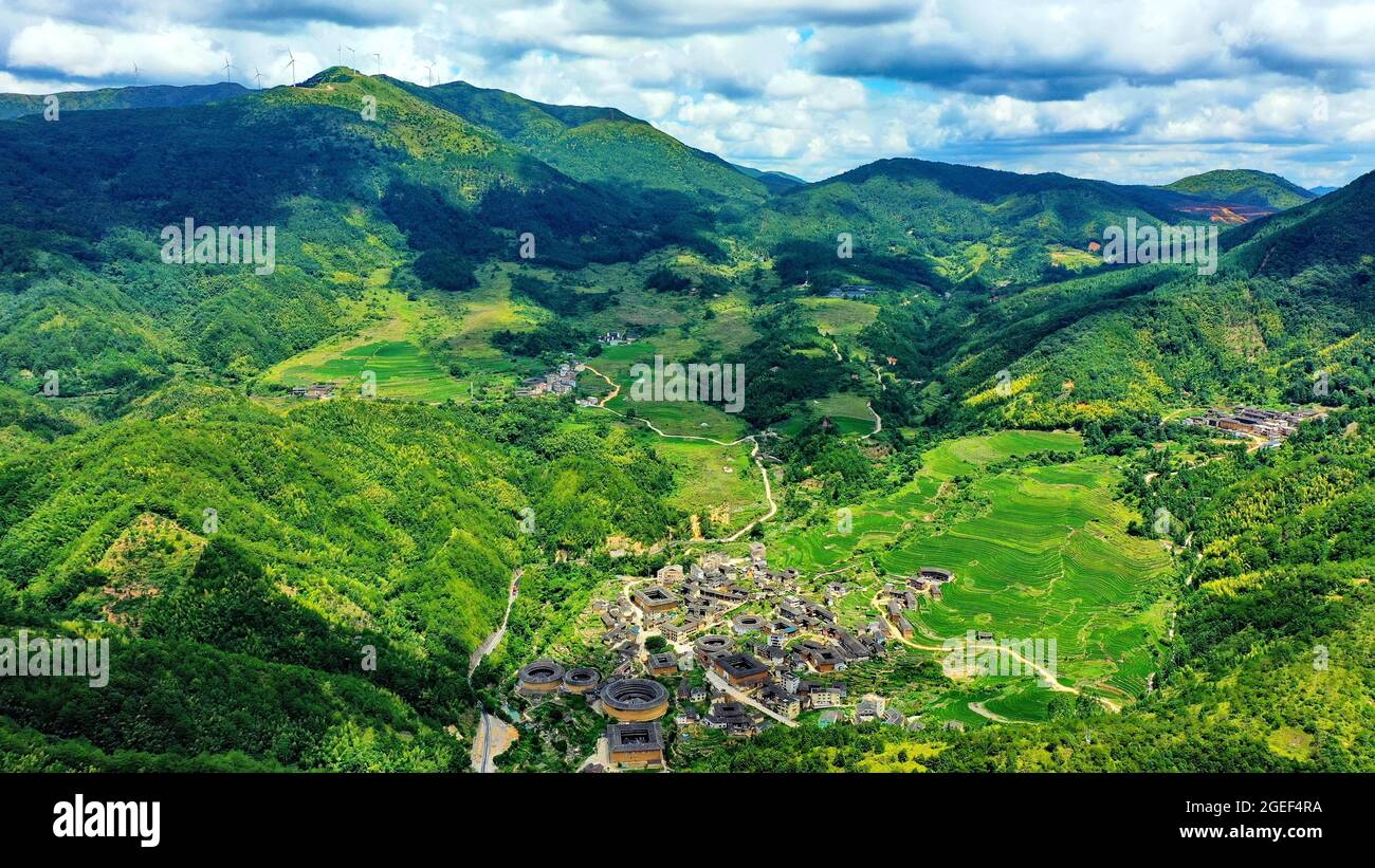 Aerial view of the thousands of terraces near the Hakka Tulou in ...