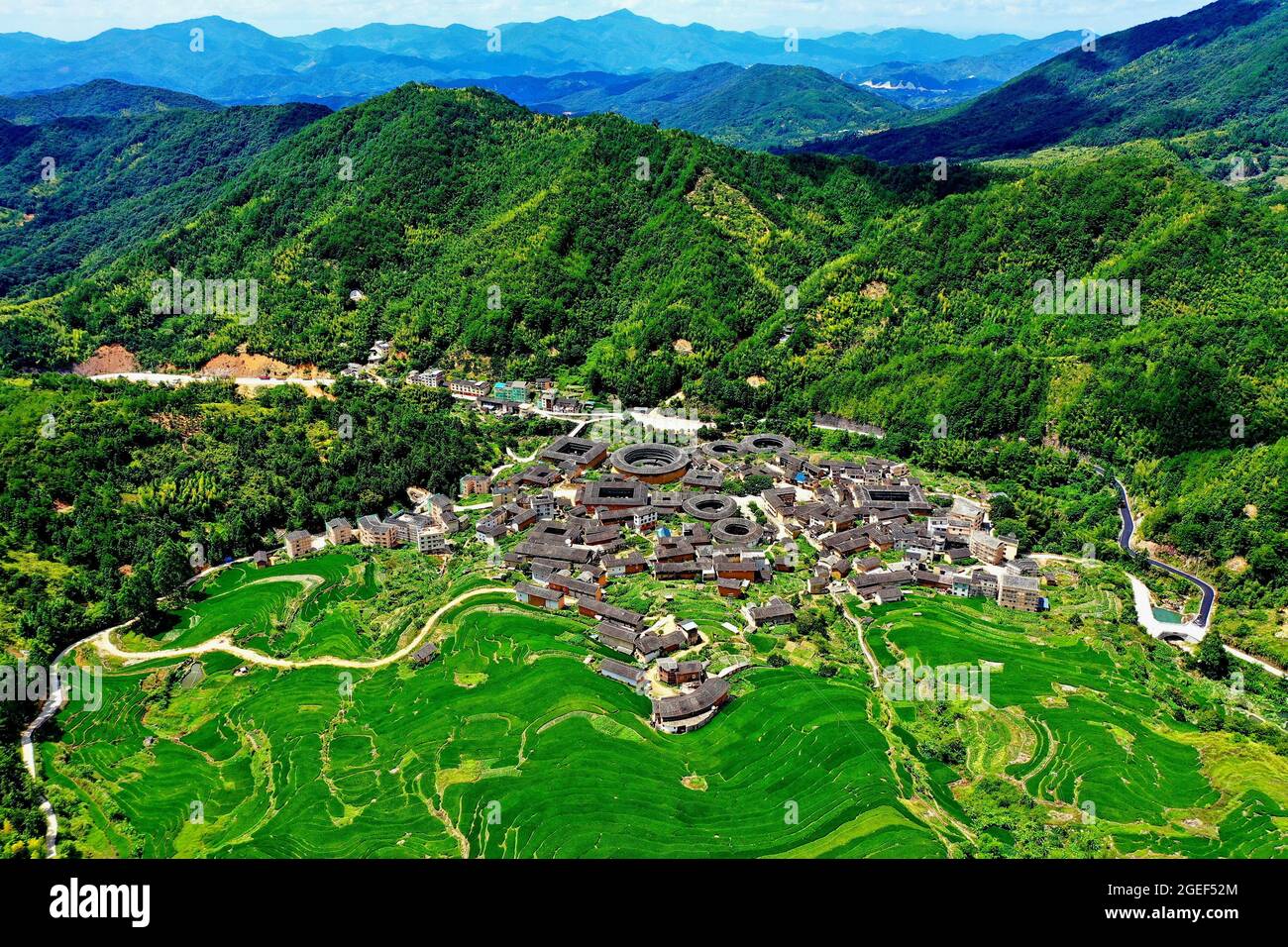 Aerial view of the thousands of terraces near the Hakka Tulou in ...