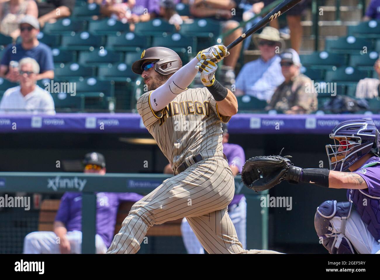August 18 2021: San Diego catcher Austin Nola (26) gets a hit during ...
