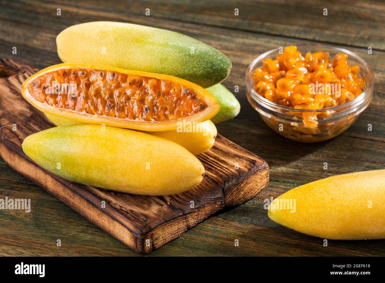 Exotic tropical organic curuba - Passiflora tripartita Stock Photo - Alamy