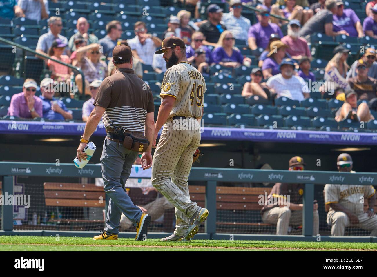 August 18 2021: San Diego pitcher Jake Arietta (49) taken out of the ...