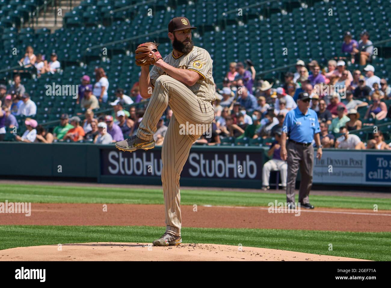 August 18 2021: San Diego pitcher Jake Arietta (49) throws a pitch ...