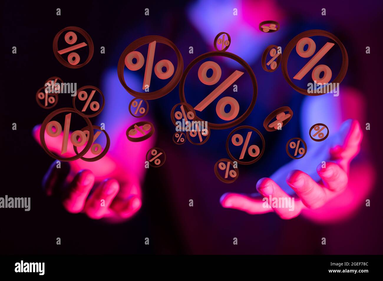3D render of floating percentage symbols over a businessman's hands ...