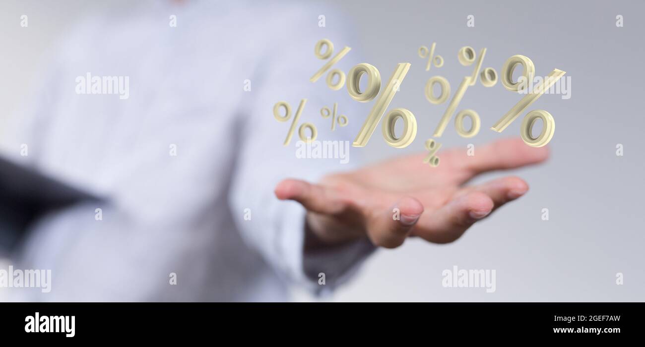 Hand holding a floating network of digital percentage signs- sale ...