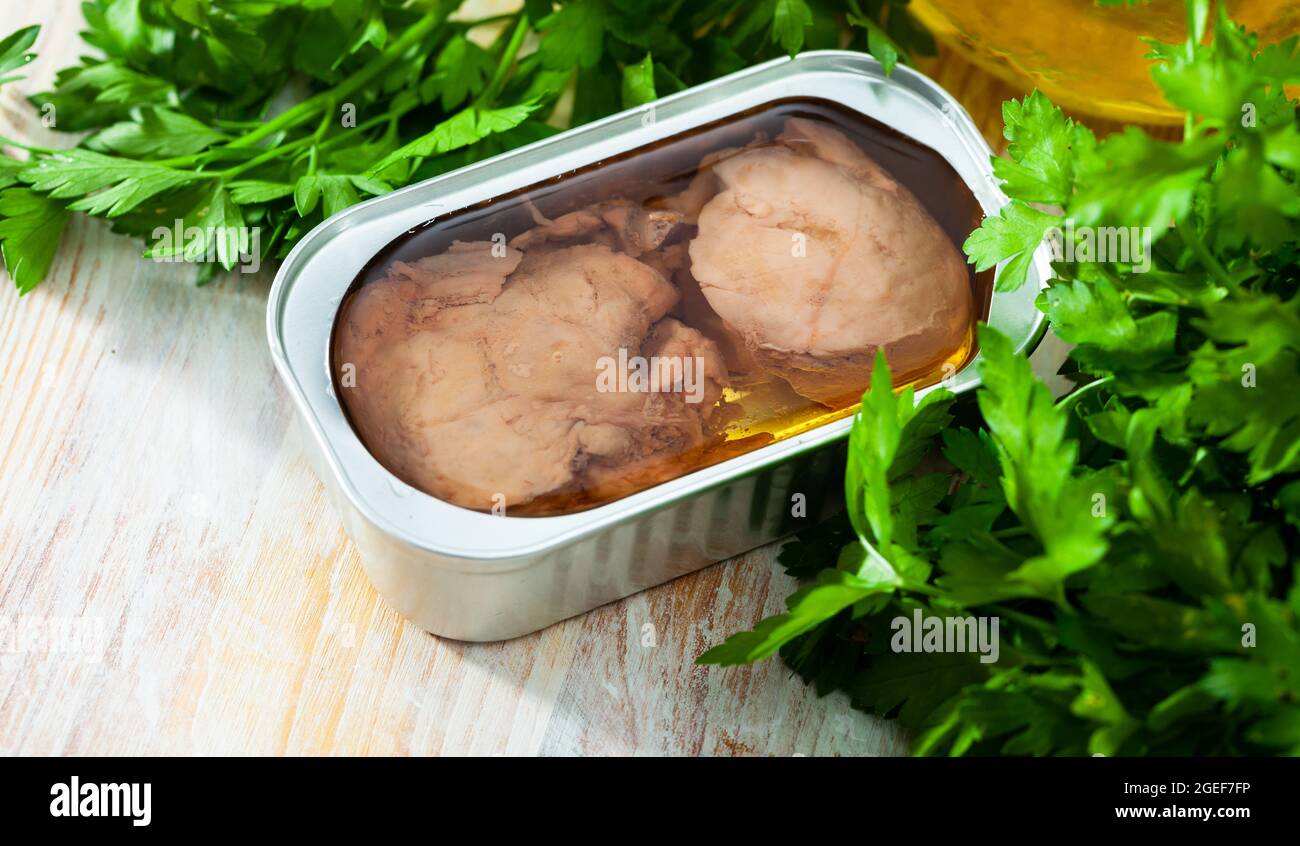 Canned seafood - smoked Cod liver Stock Photo - Alamy