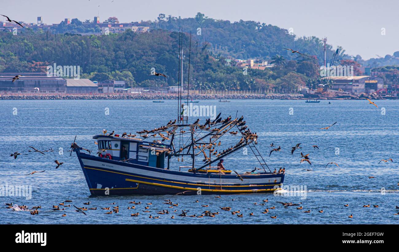 Rio de Janeiro, Brazil - CIRCA 2021: Fishing boat surrounded by ...