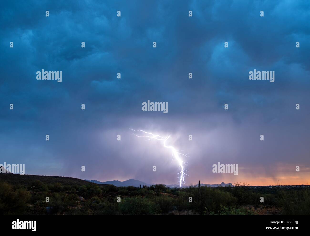 Lightning over the desert at sunset Stock Photo - Alamy