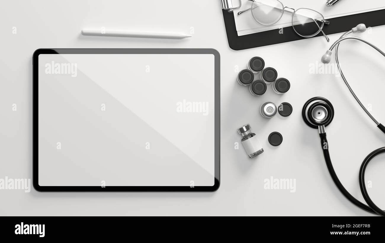 Closeup, top view, Medical equipment, digital tablet blank screen ...