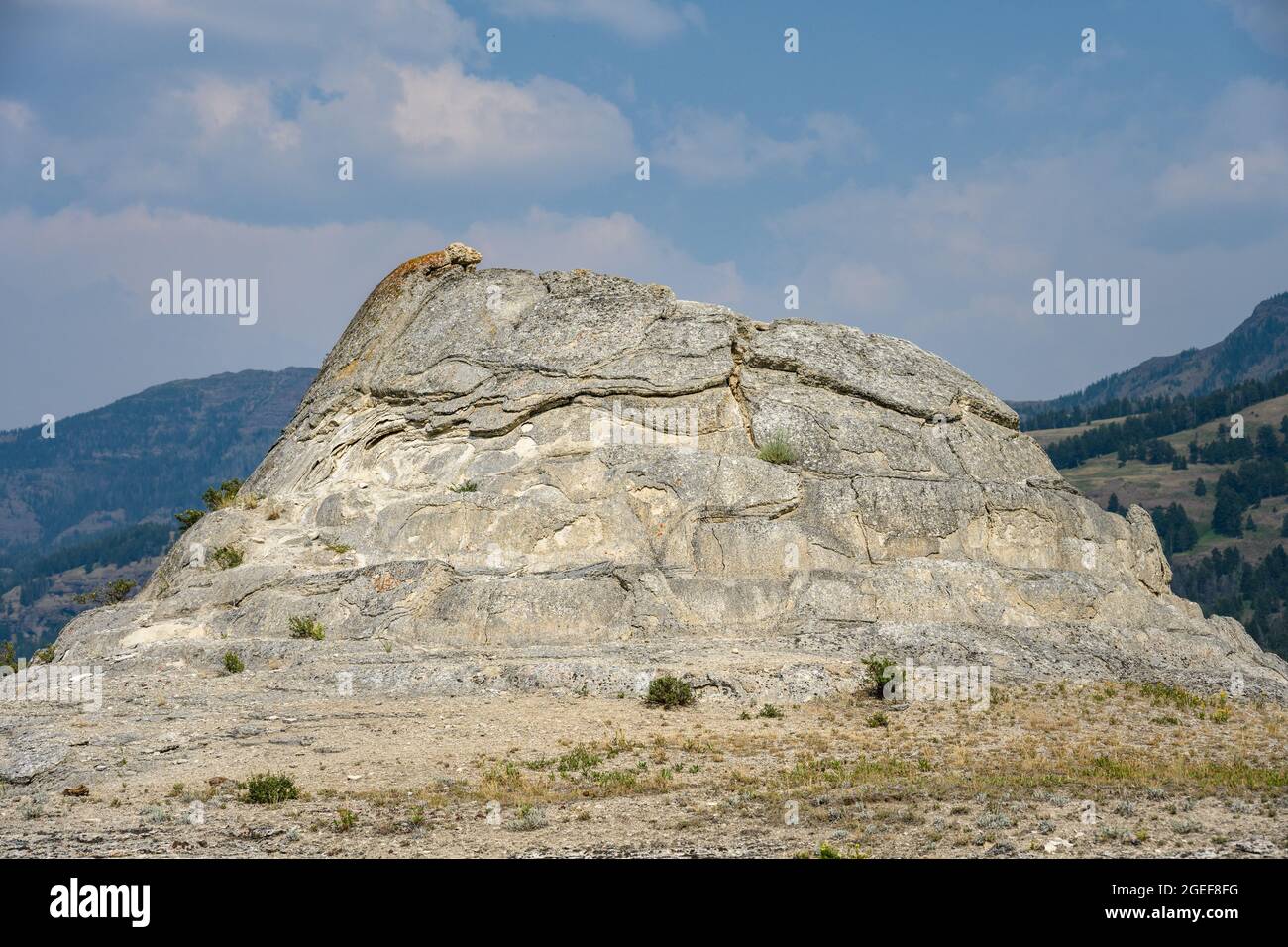 Soda Butte, travertine cone in a sunny landscape, Yellowstone National ...