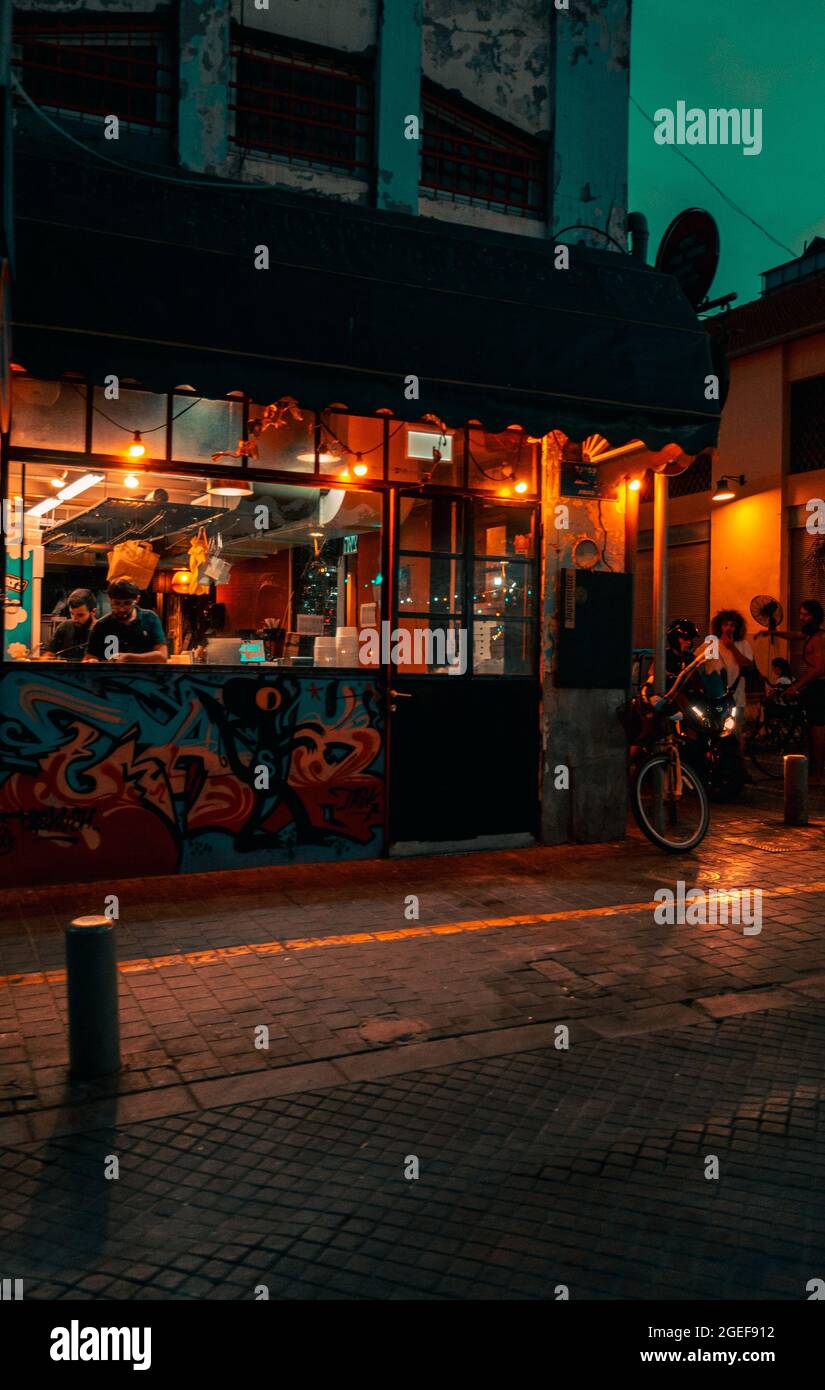 ROSH PINNA, ISRAEL - Jul 16, 2021: A take-out restaurant building along ...