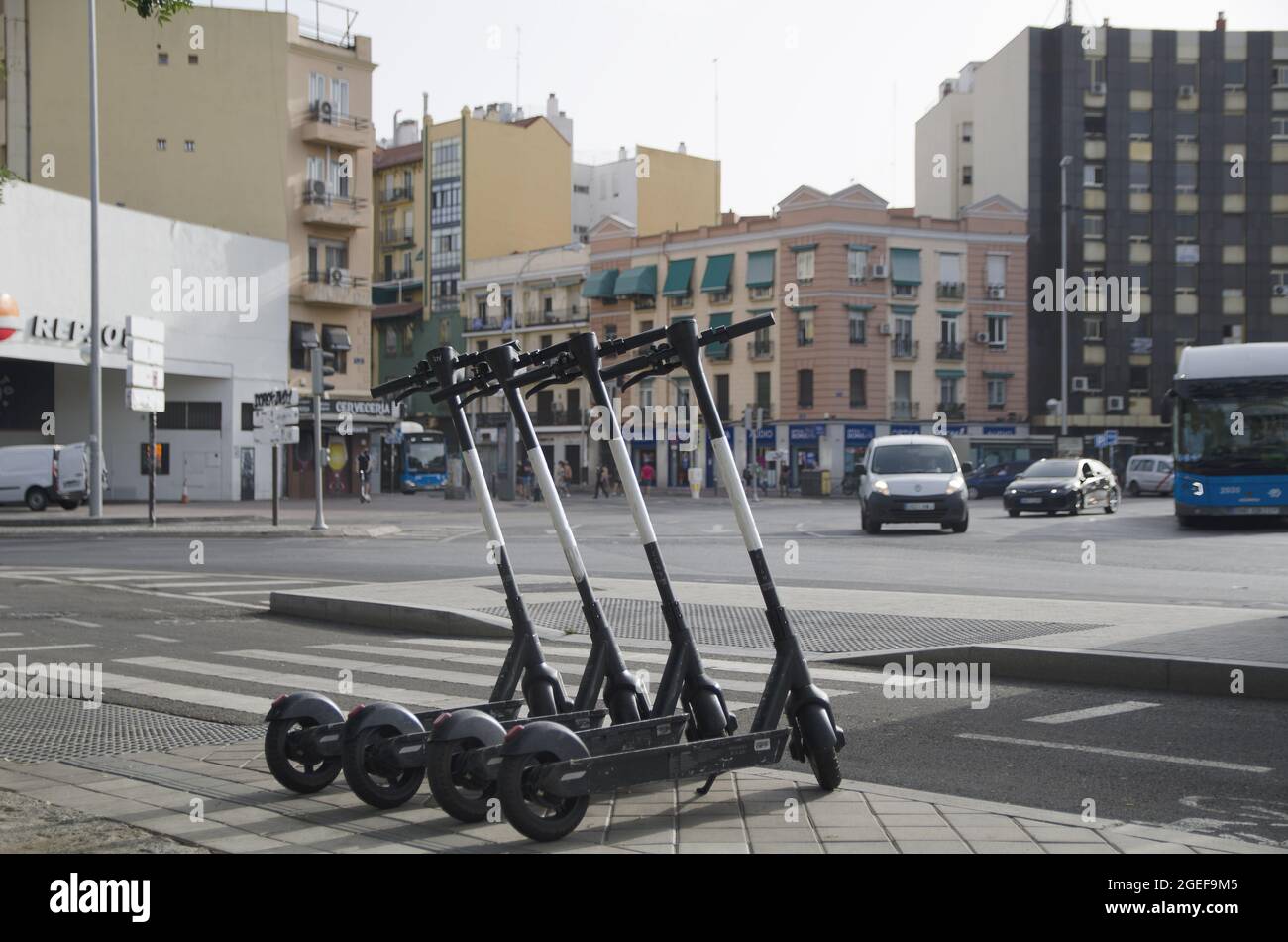Public rental electric scooters on the street in Madrid, Spain Stock ...