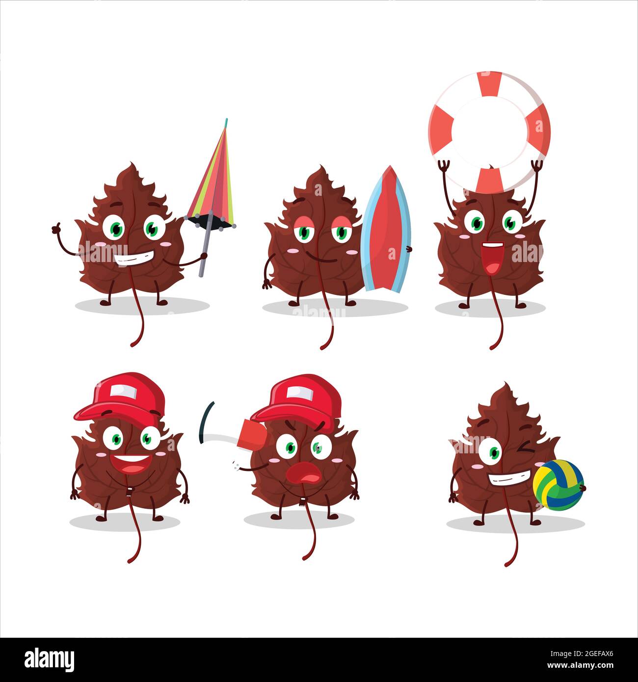 Happy Face hawthorn leaf cartoon character playing on a beach. Vector ...