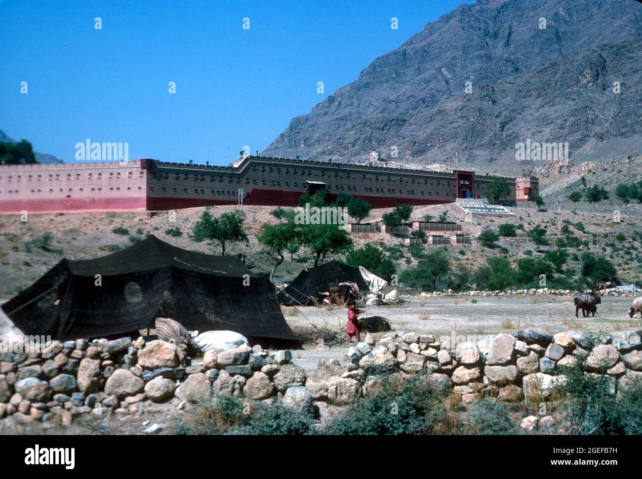 British built Shagai Fort, Khyber Pass, seen with Afghan refugee tents ...