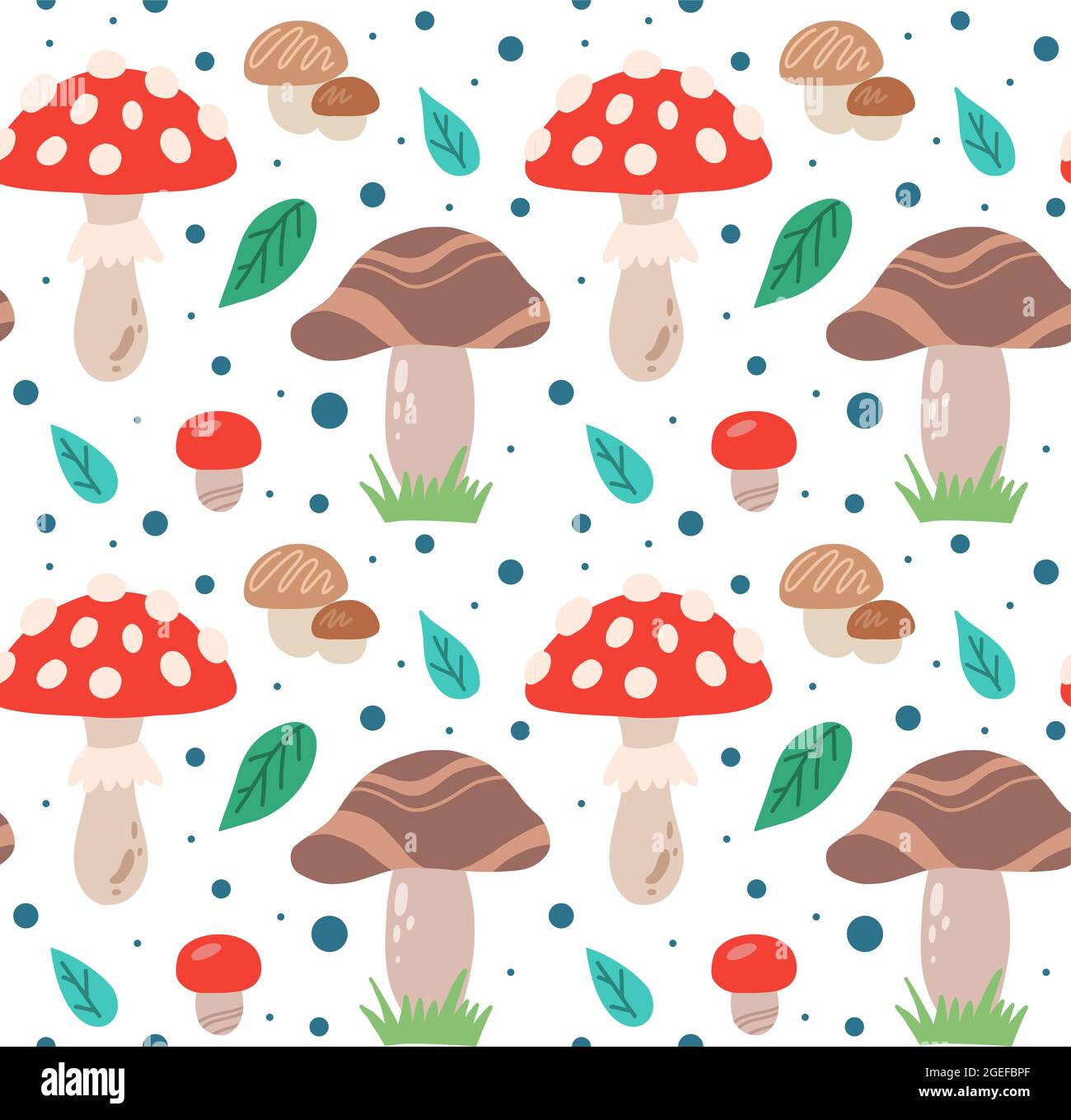 Seamless pattern with hand drawn flat mushrooms, fly agarics, foliage ...