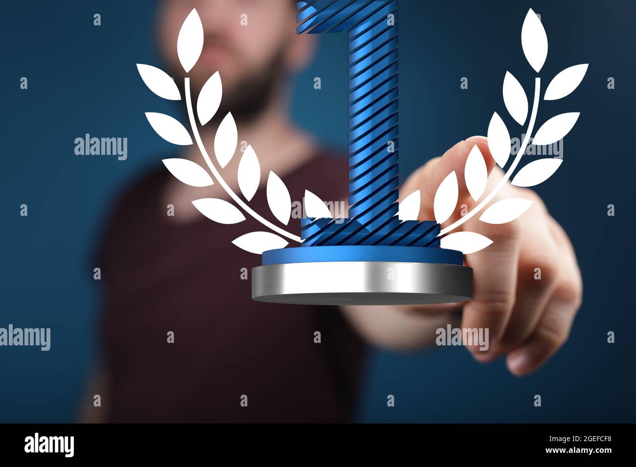 Hand reaching for a 3D render of a first place trophy Stock Photo - Alamy