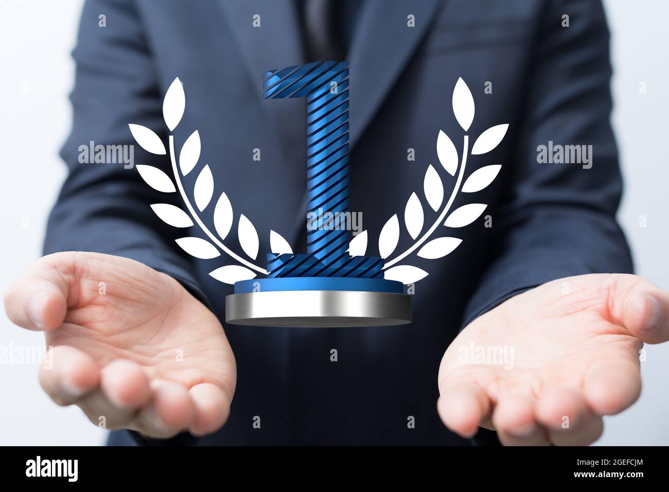 Businessman holding a floating 3D decorative 1st place trophy sign ...