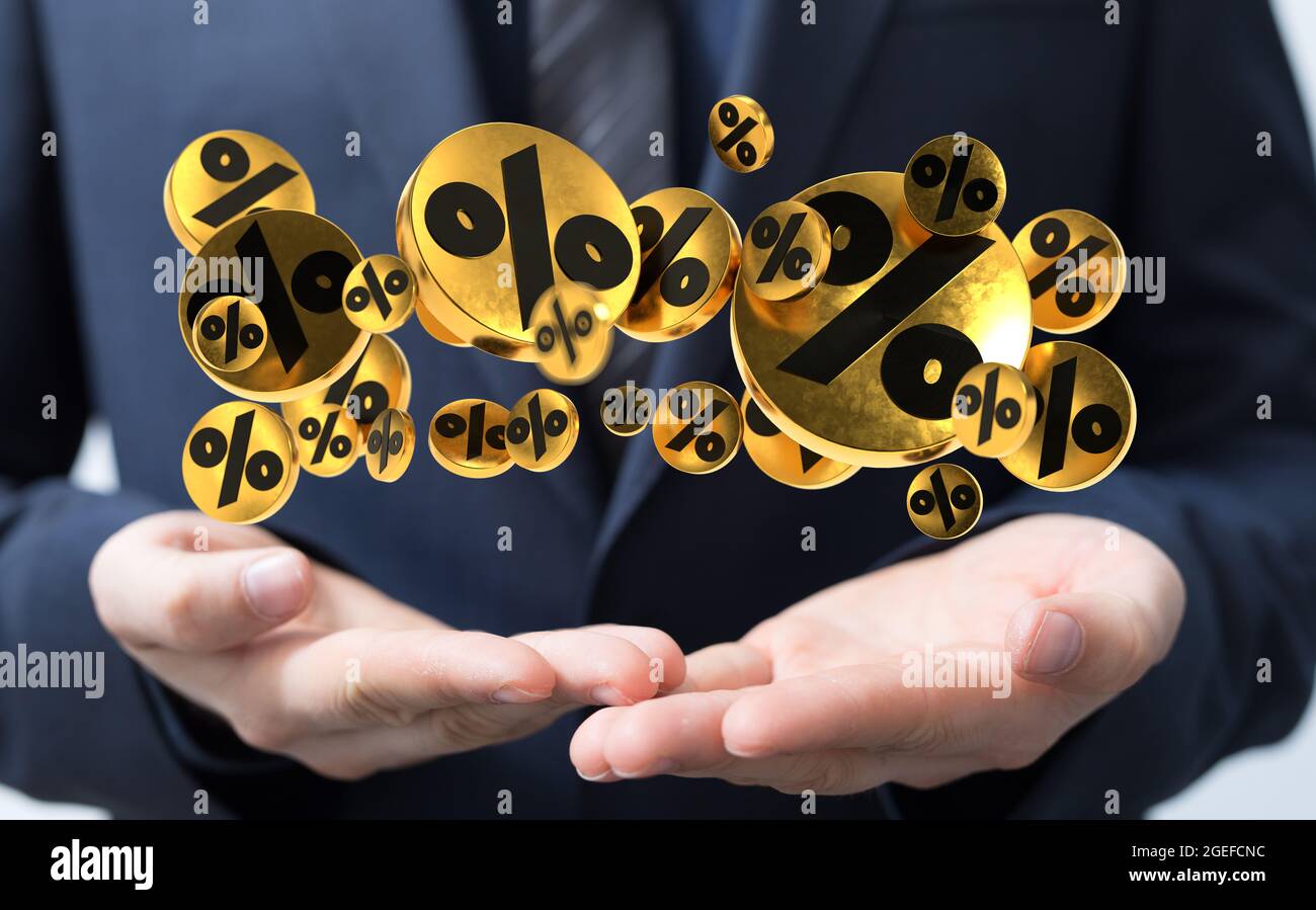 3D render of floating percentage symbols over a businessman's hands ...