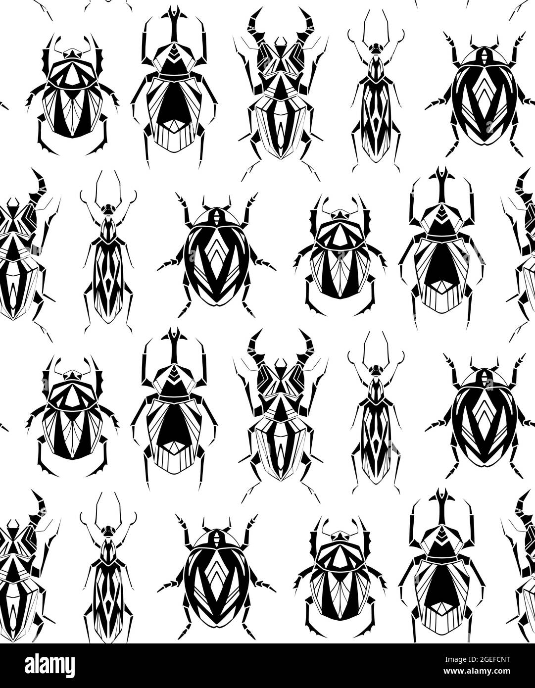 Seamless monochrome pattern with geometric insects in row on white ...