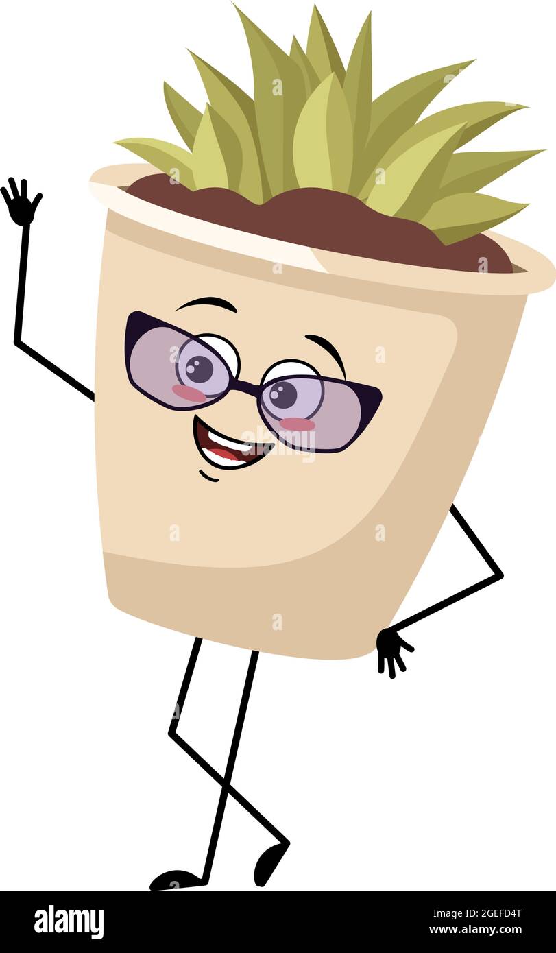 Cute character indoor plant in a pot with glasses and joyful emotions ...