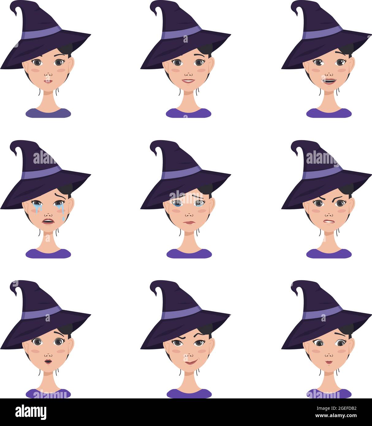 Set of facial expressions of an asian woman with dark hair in a pointed ...