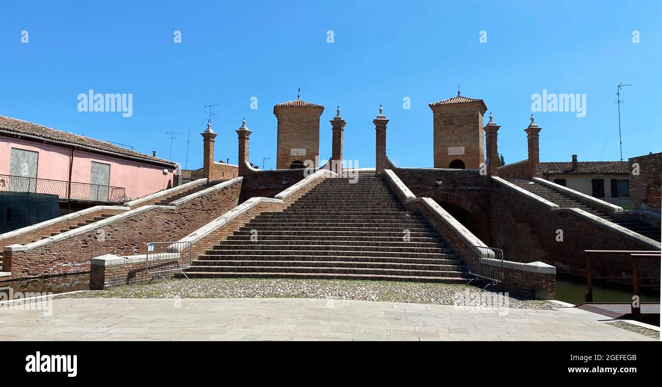 The famous Tre Ponti or Trepponti, three way bridge in Comacchio. Italy ...