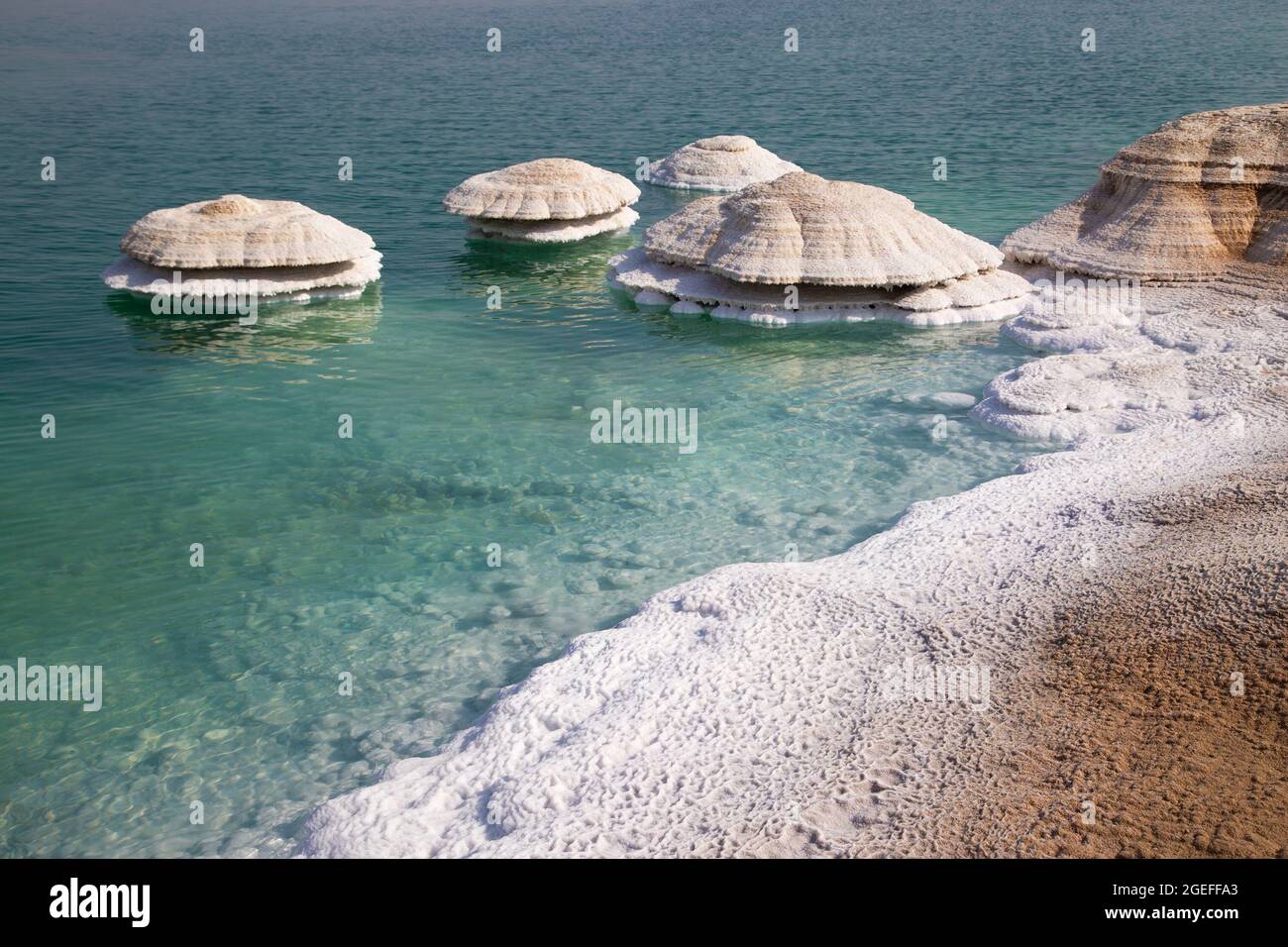 Salt chimneys on the Dead Sea shore form where fresh water flows into ...