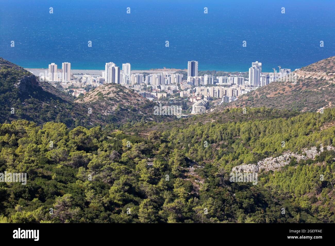City of Haifa on the Mediterranean coast in Israel, view from the lower ...
