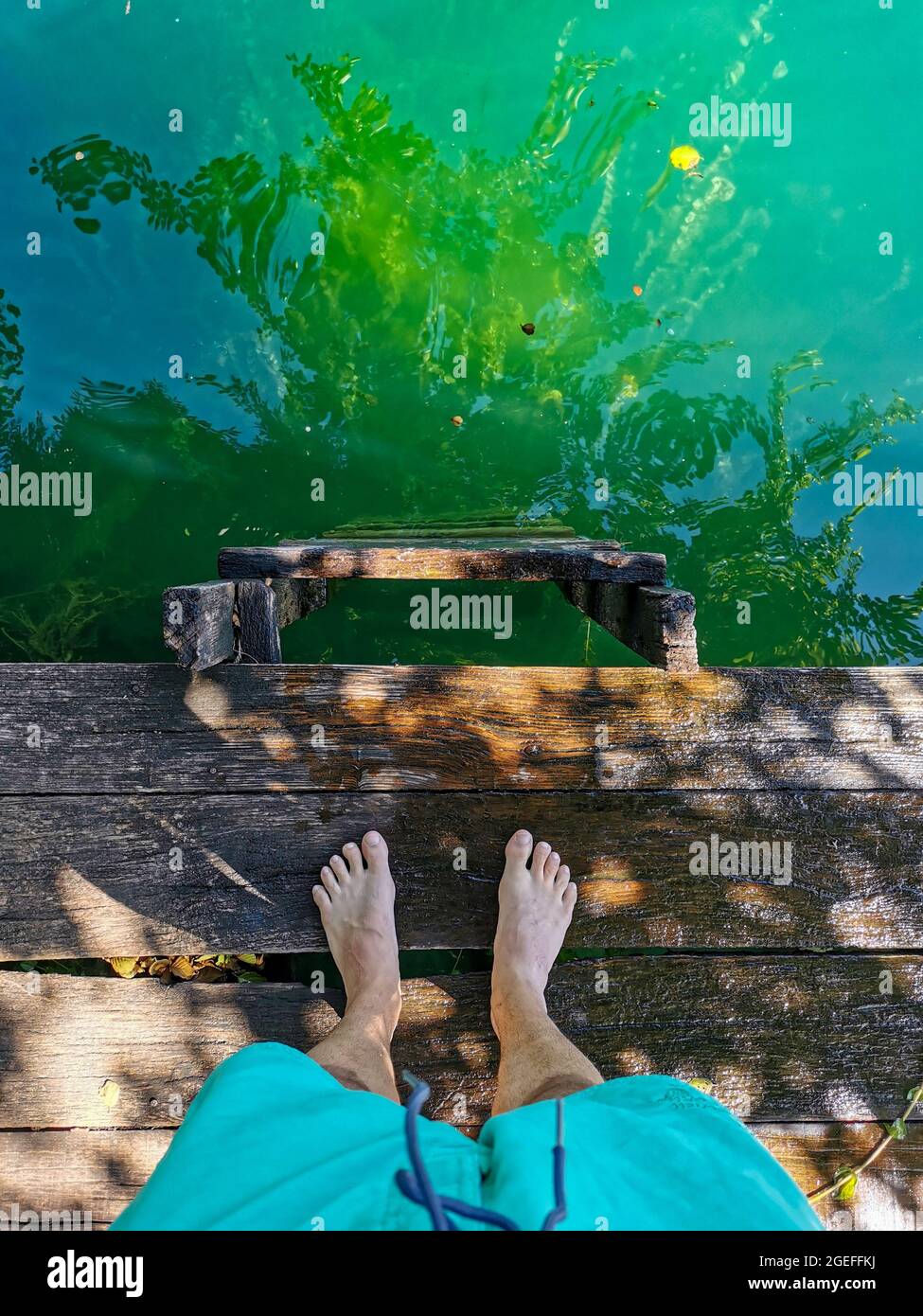 Personal perspective image of man standing on wooden deck over green ...