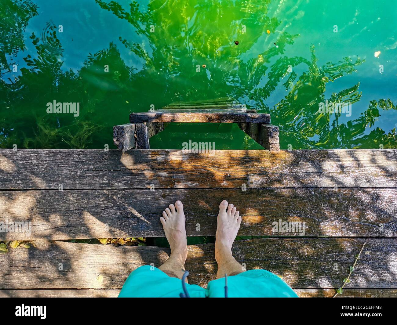 Personal perspective image of man standing on wooden deck over green ...