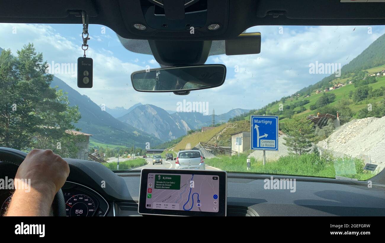 AOSTA, ITALY - Jul 23, 2021: The mobile maps showing the fastest route ...