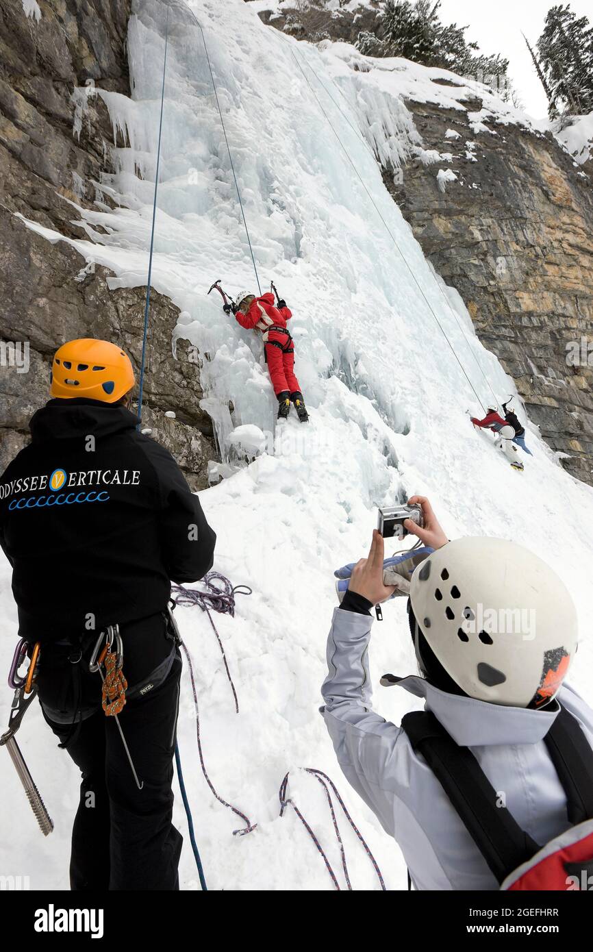 CLIMBING OF A WATERFALL OF ICE Stock Photo - Alamy