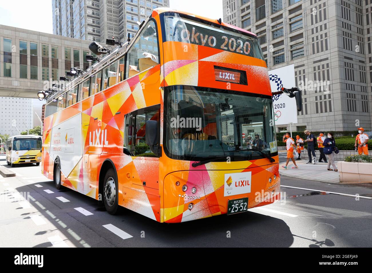 Tokyo, Japan. 20th Aug, 2021. A torch relay bus on display during a ...