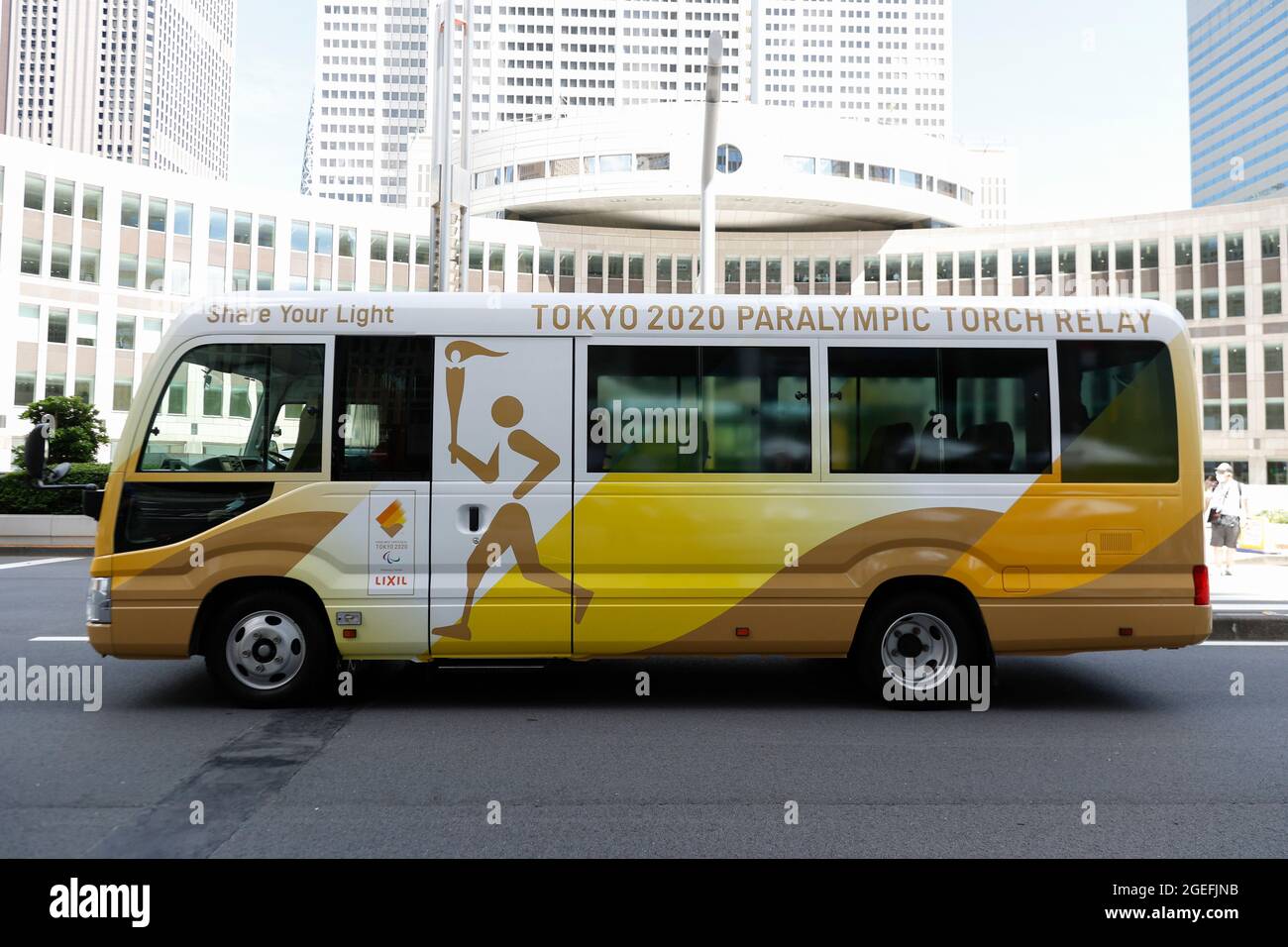 Tokyo, Japan. 20th Aug, 2021. A torch relay bus on display during a ...